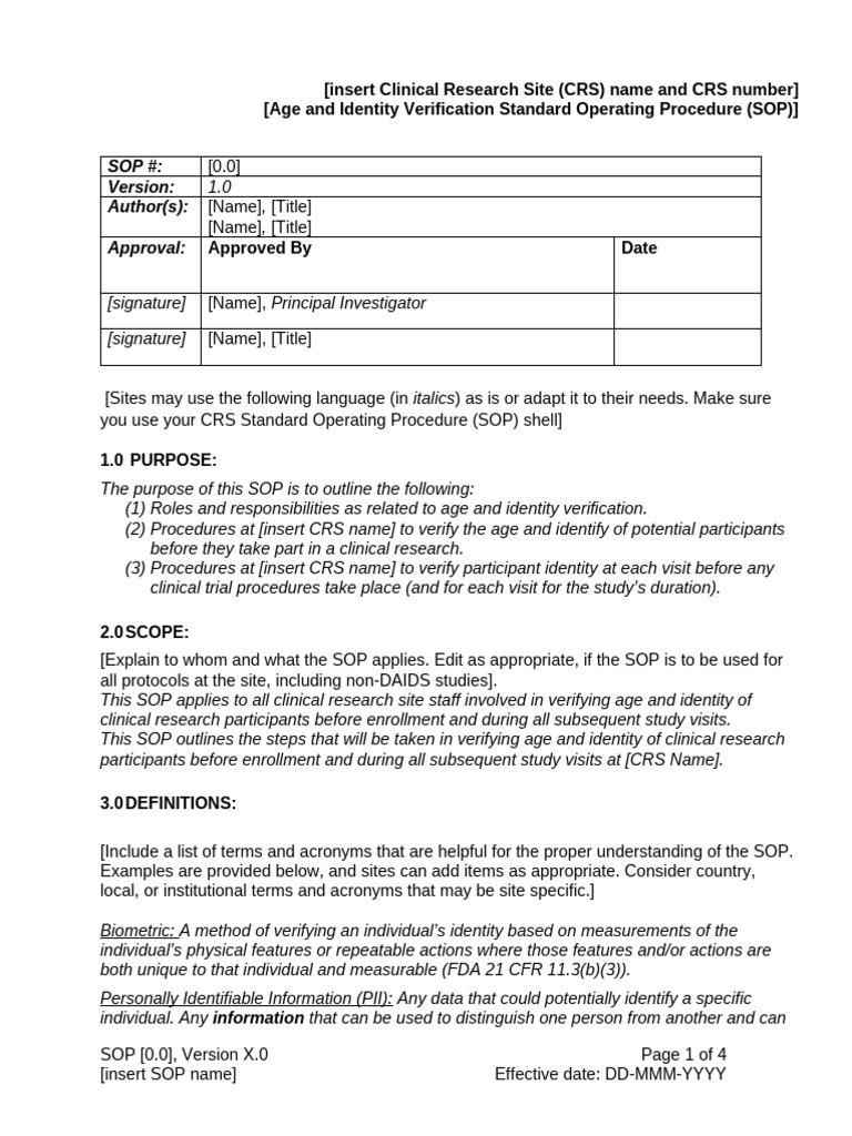 Crs Age Identity Verification Sop Template | PDF | Identity Document ...