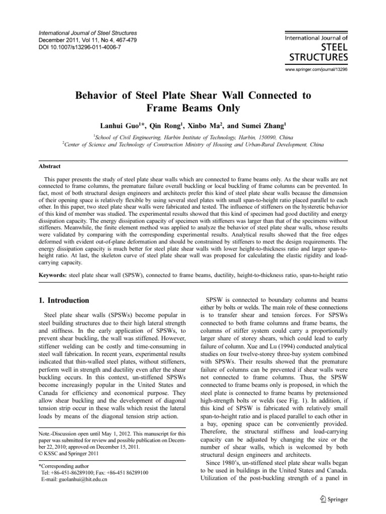 Behavior of Steel Plates Hear Wall Connected To Frame Beams Only | PDF ...