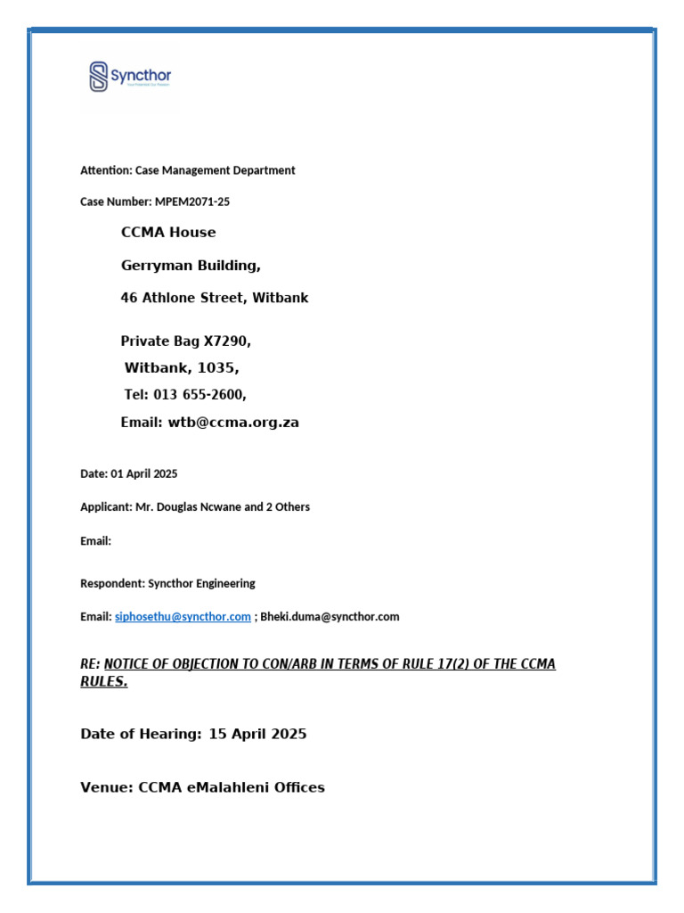 Objection to CCMA Con/Arb Process | PDF