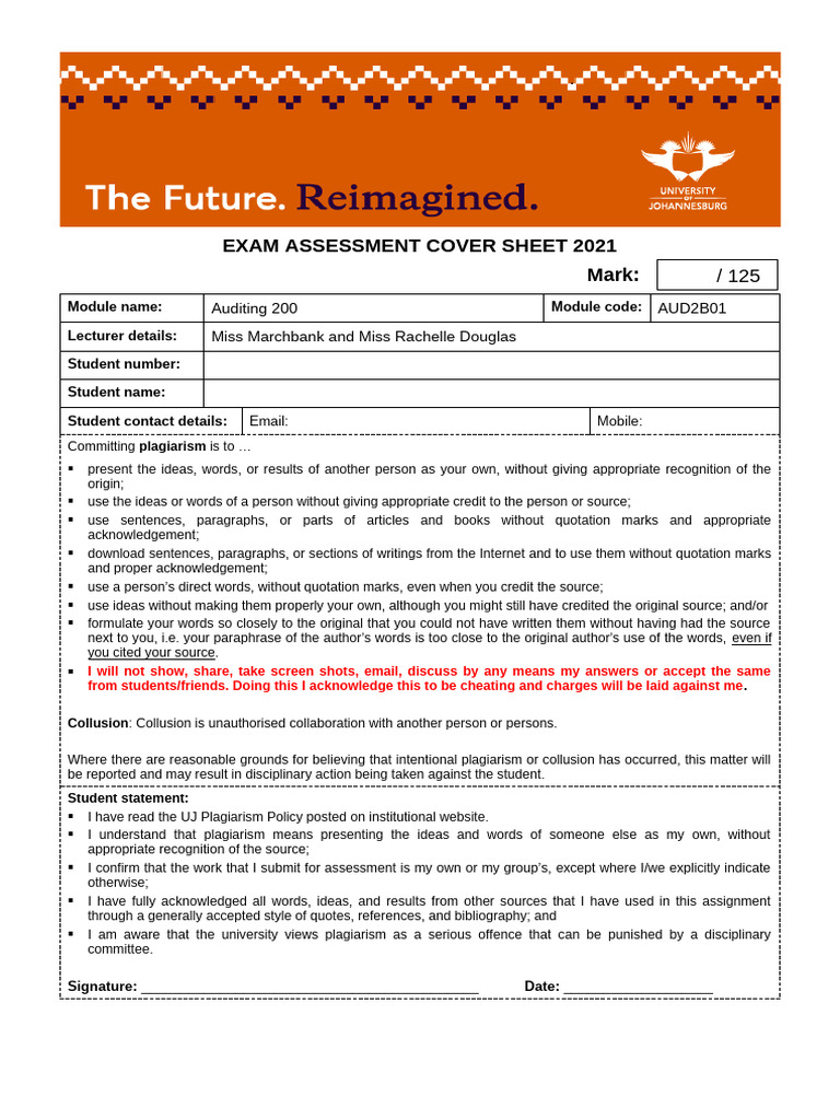 EXAM Cover Sheet To Be Included in The Assessment As The FRONT COVER ...