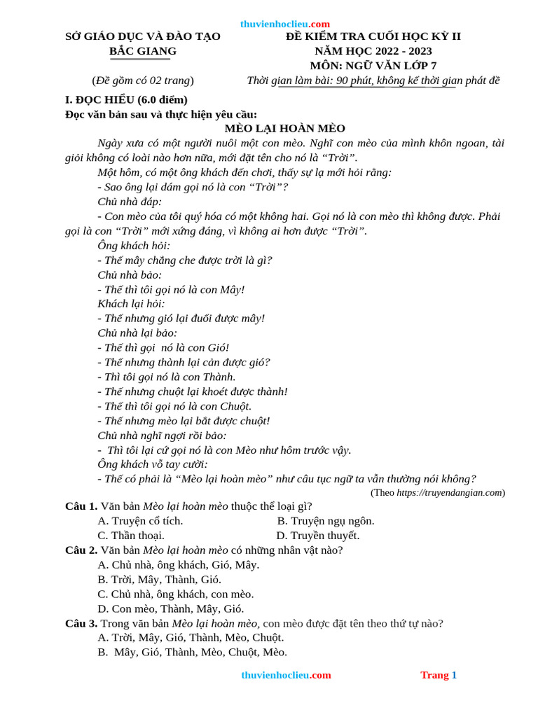 De Kiem Tra Cuoi HK2 Ngu Van 7 So GD Bac Giang 22 23 | PDF