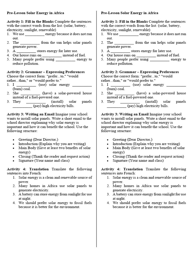 Pre Lesson Solar Energy in Africa | PDF | Solar Power | Solar Energy