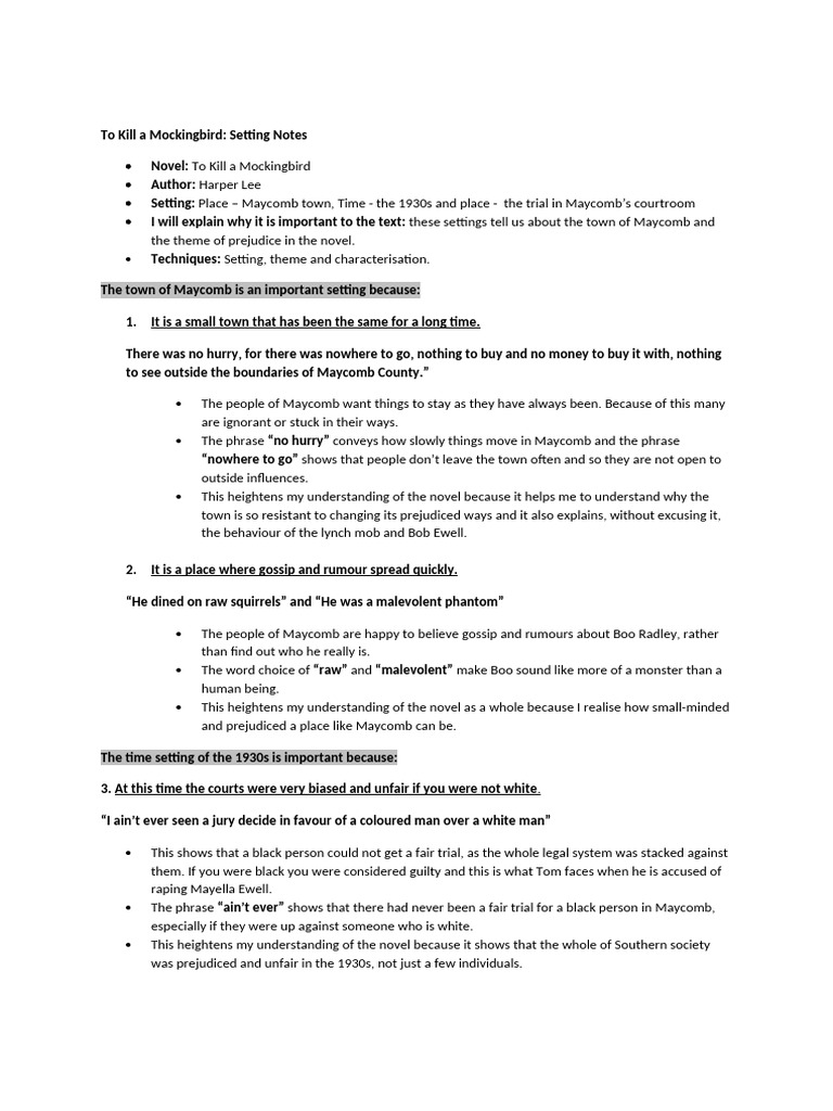 To Kill a Mockingbird Setting Essay | PDF | To Kill A Mockingbird