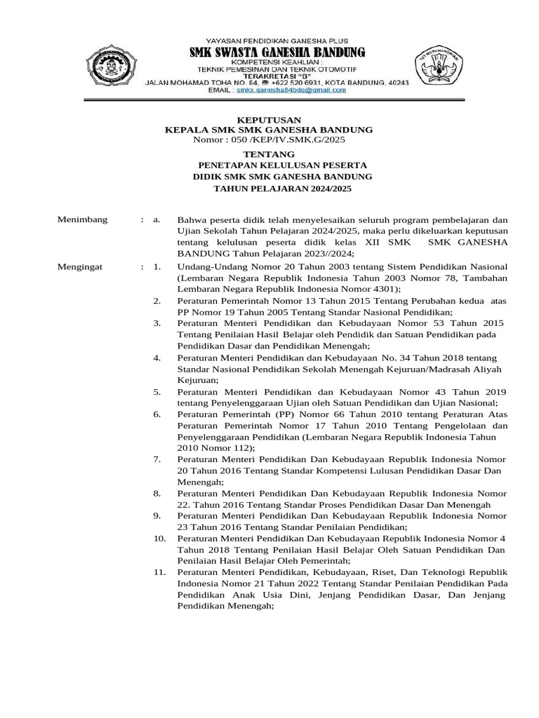 SK-Penetapan-Kelulusan-2024-SMK-Mutu-Metro | PDF