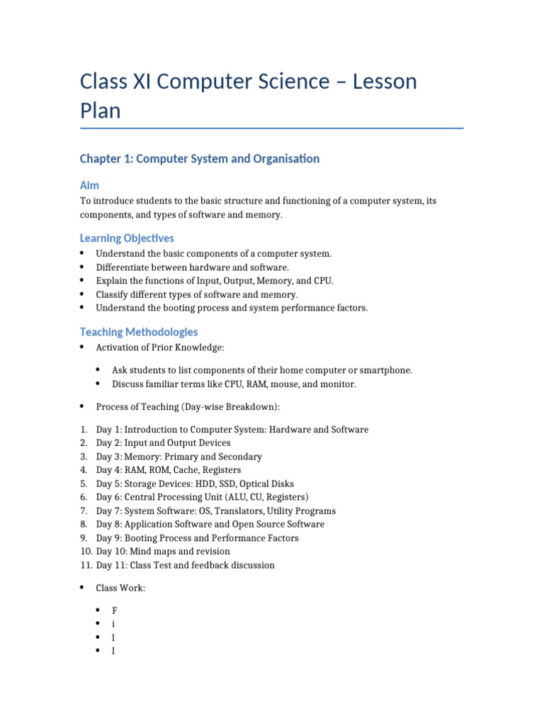 Lesson Plan Class XI CS Computer System and Organisation | PDF | Computer Data Storage | Booting