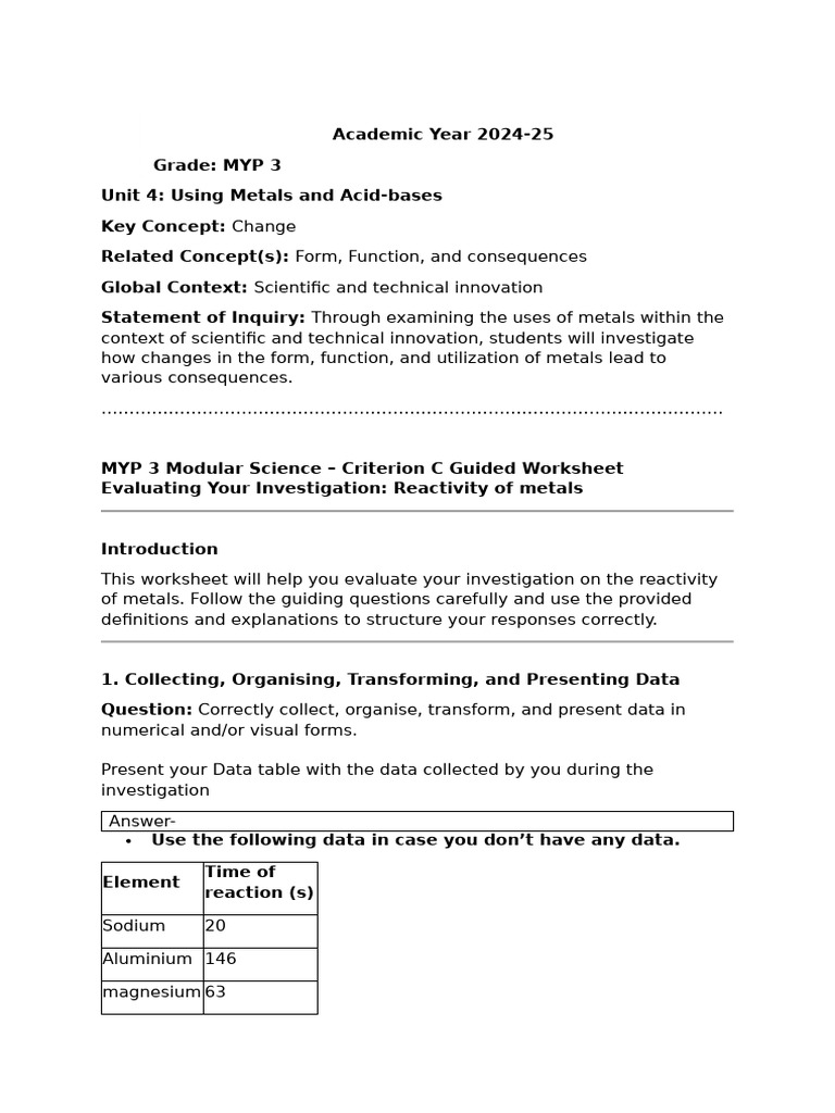 MYP 3 Modular Science Guided Worksheet Criterion C Reactivity of Metals ...