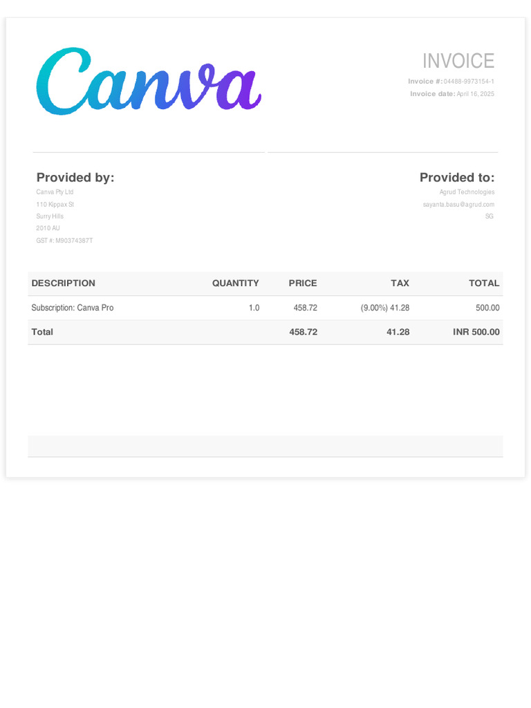 Canva Pro Subscription Invoice 2025 | PDF