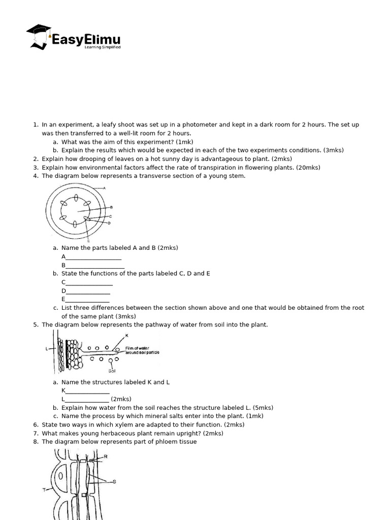 Hstransport in Plants and Animals Questions and Answers - Biology Form ...