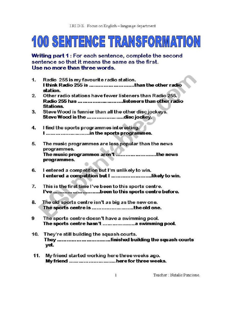 100 Sentence Transformation Rephrasing | PDF