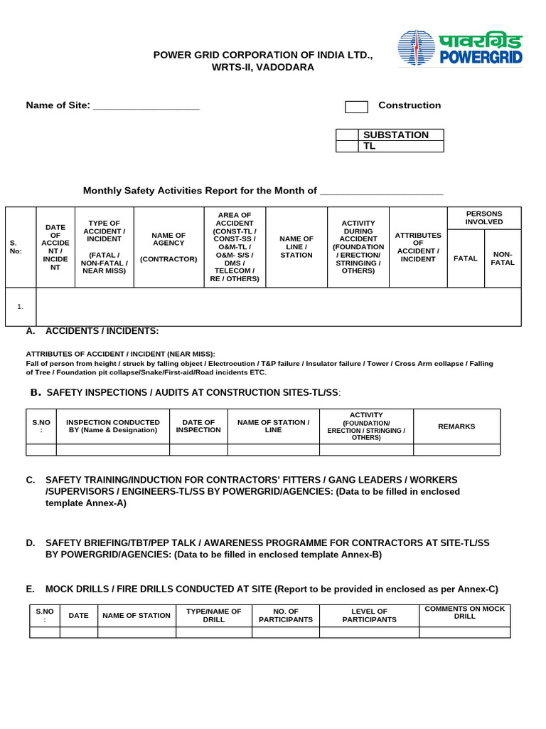 Format For Monthly Safety Activities Report-Agencies Under POWERGRID | PDF | Risk | Safety