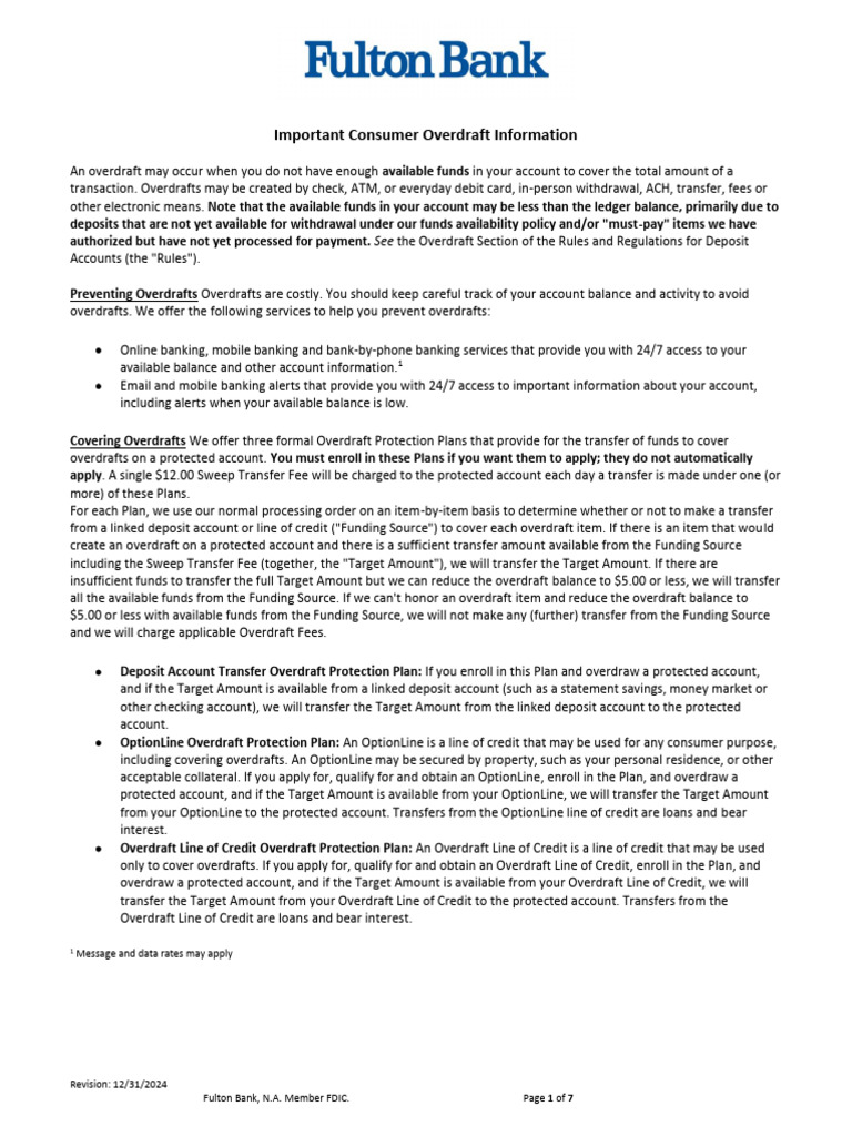 Fulton Bank Overdraft Fee Overview | PDF | Overdraft | Credit Card