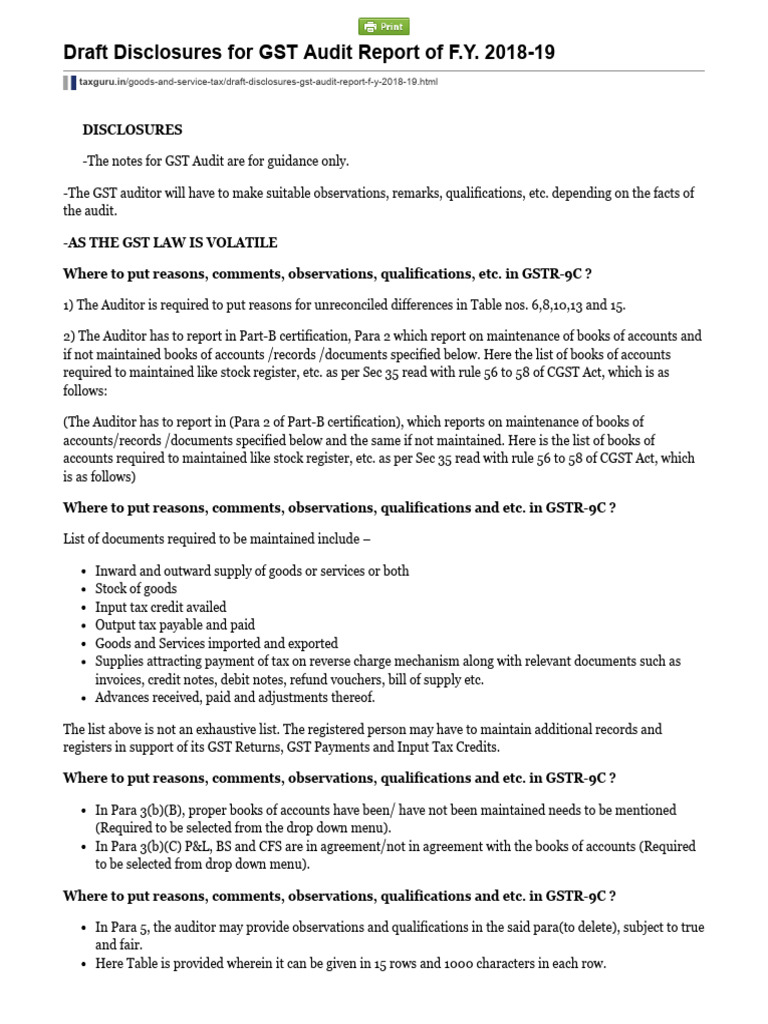 Draft Disclosures For GST Audit Report of F.Y. 2018-19 | PDF | Audit ...