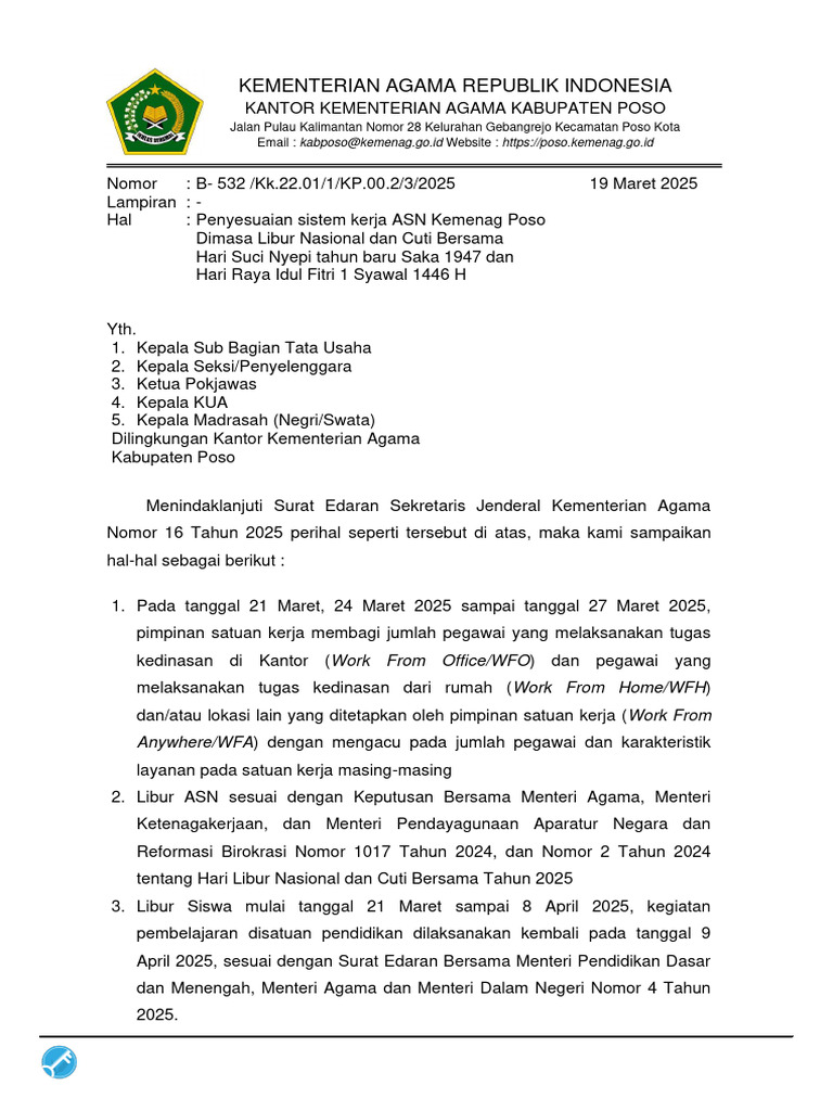 Penyesuaian Sistem Kerja ASN Kemenag Poso | PDF