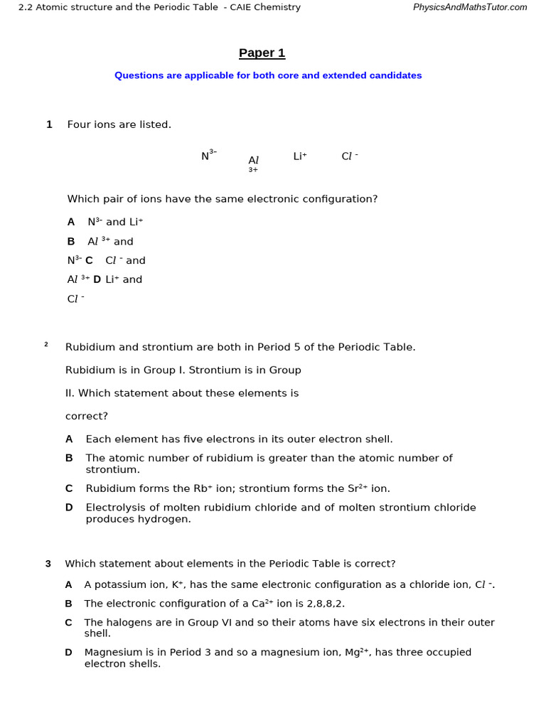 2.2 Atomic Structure and The Periodic Table MCQ QP | PDF | Periodic ...