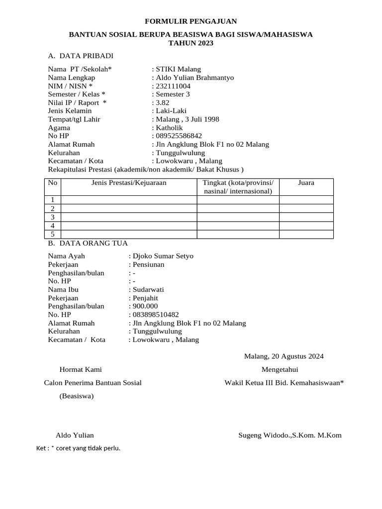Formulir Pengajuan Beasiswa | PDF