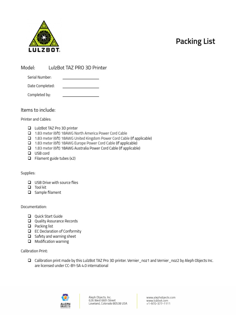Packing List TAZ Pro InkJet | PDF