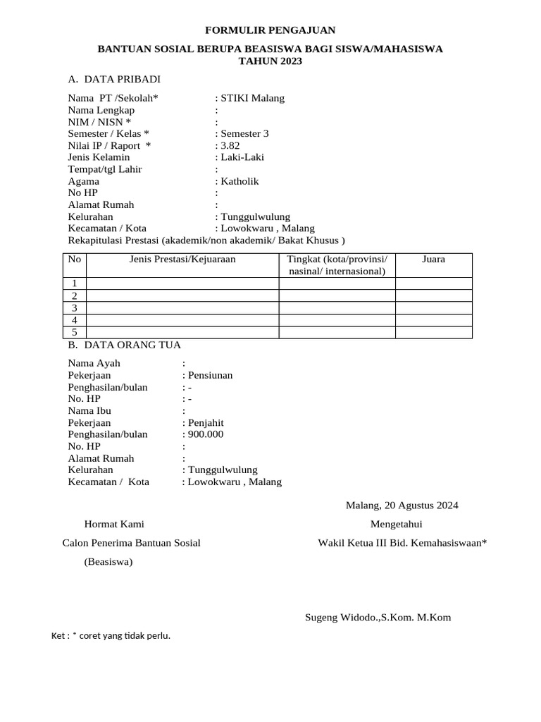 Formulir Pengajuan Beasiswa | PDF