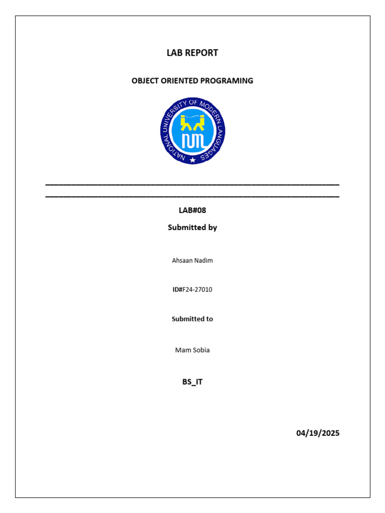 OOP - Lab#08 - Ahsaan Nadim - 27010. | PDF