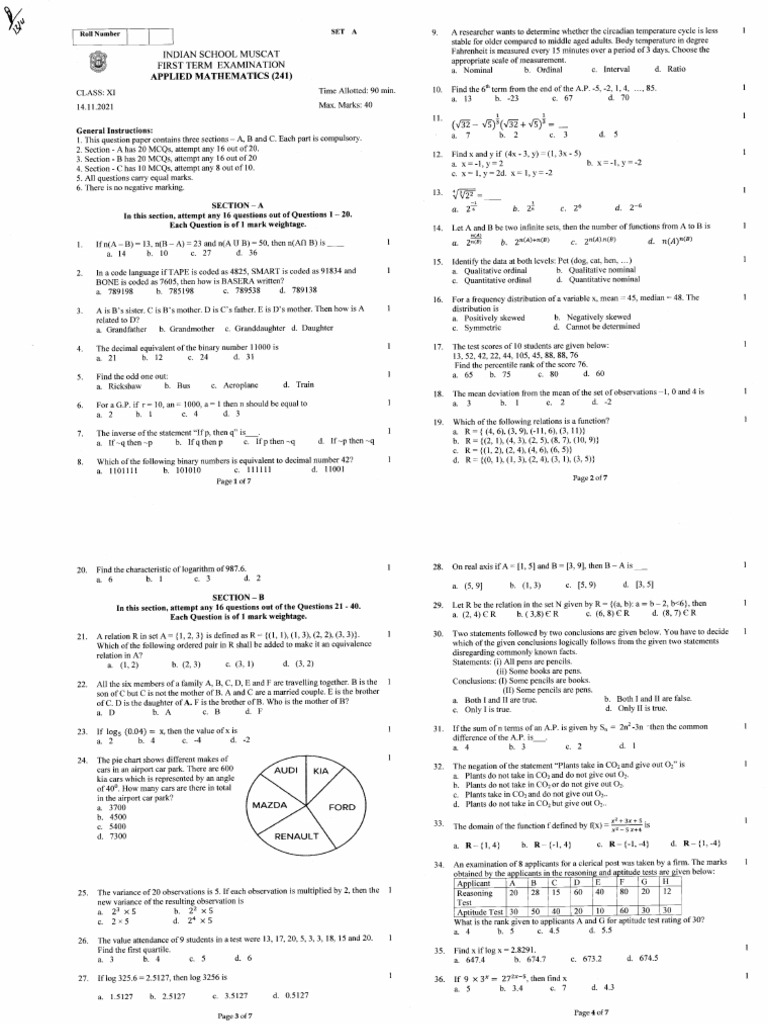 Class-xi-Applied Mathematics_first Term Examination-qp-set a b c | PDF