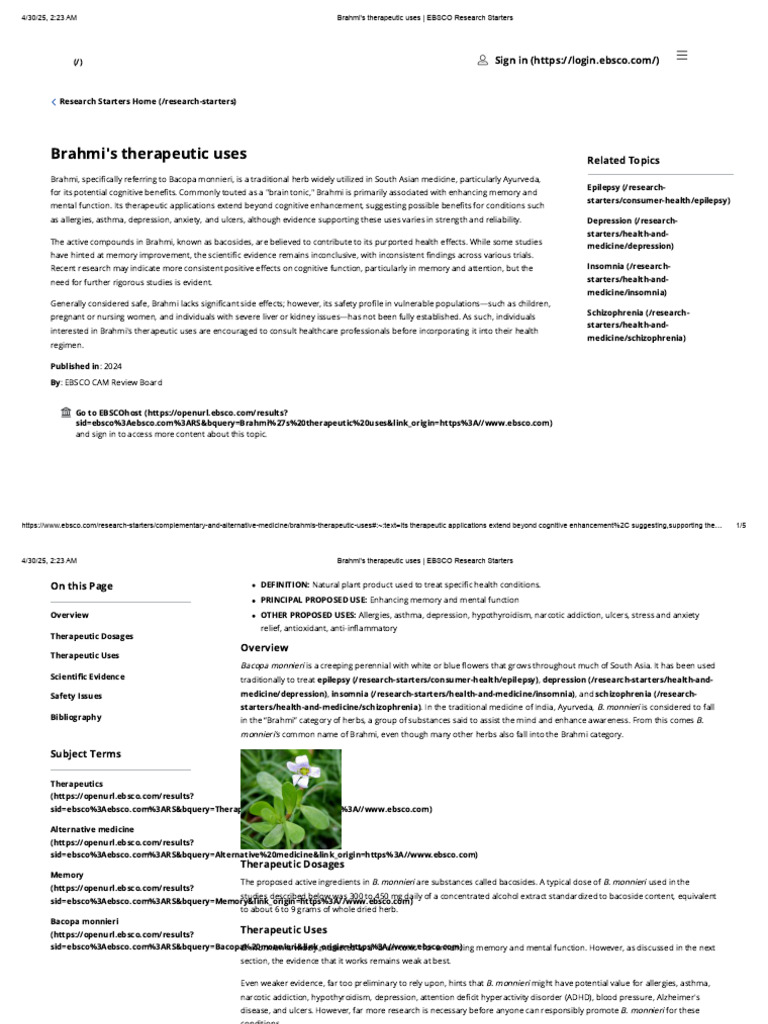 Brahmi's Therapeutic Uses - EBSCO Research Starters | PDF | Placebo Controlled Study | Major ...