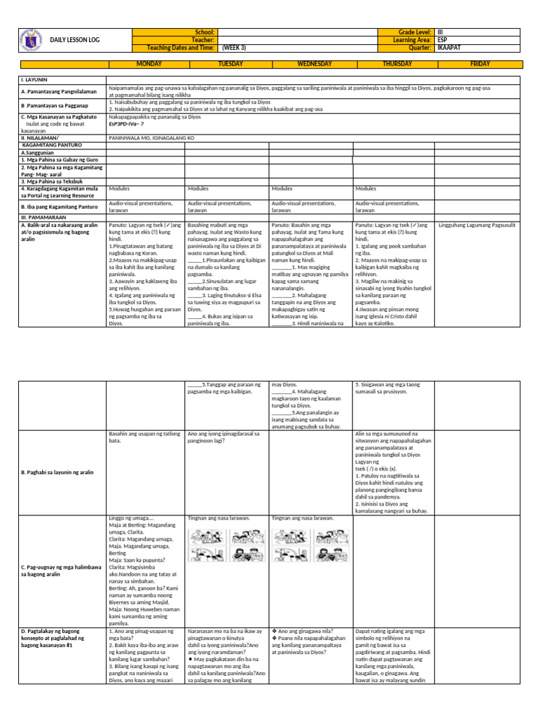 DLL - ESP 3 - Q4 - W3 - Nakapagpapakita NG Pananalig Sa Diyos | PDF