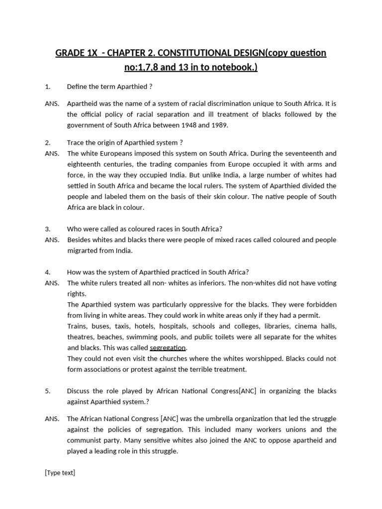 Grade 9 Chapter 2 Constitutional Design | PDF | Apartheid | Government