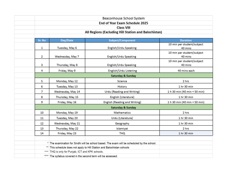 Exam Schedule EOY - May 2025.xlsx - Class 8 | PDF