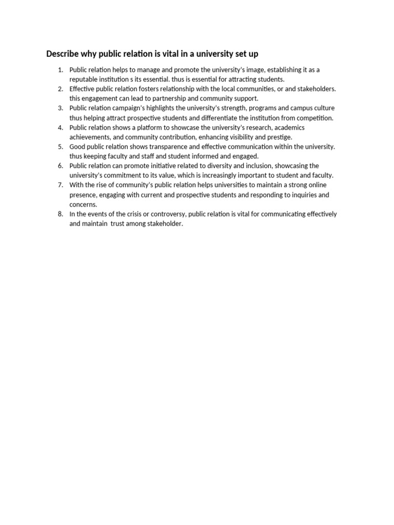Describe Why Public Relation Is Vital in A University Set Up | PDF