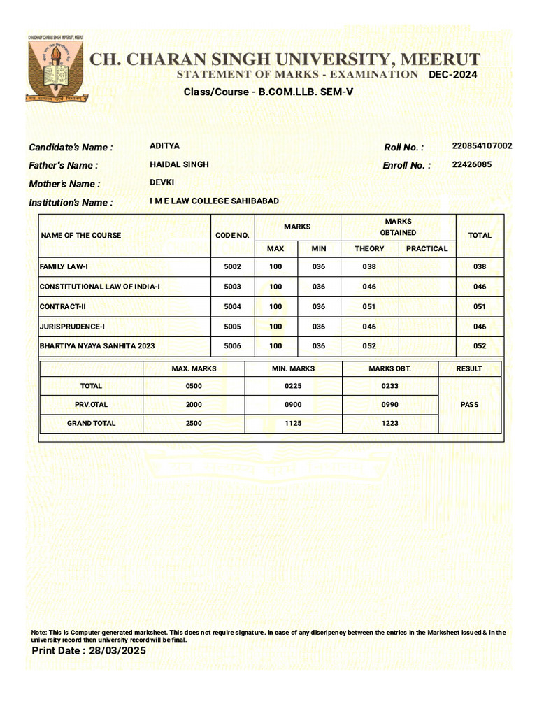 Adi Marksheet 5th | PDF