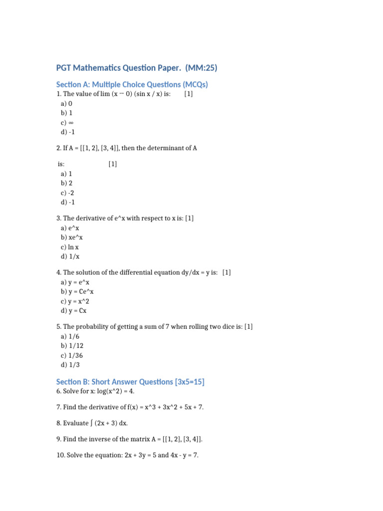PGT Mathematics Question Paper | PDF