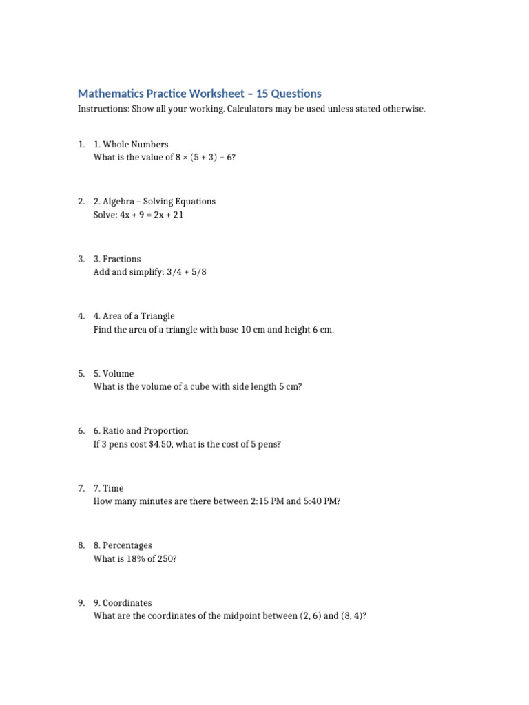 Math Worksheet 15 Questions | PDF
