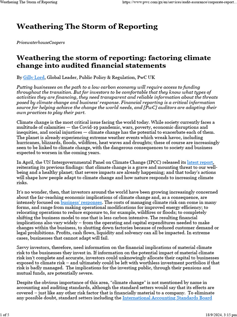 Climate Risks in Audited Financial Statements - PWC | PDF | Audit | Risk