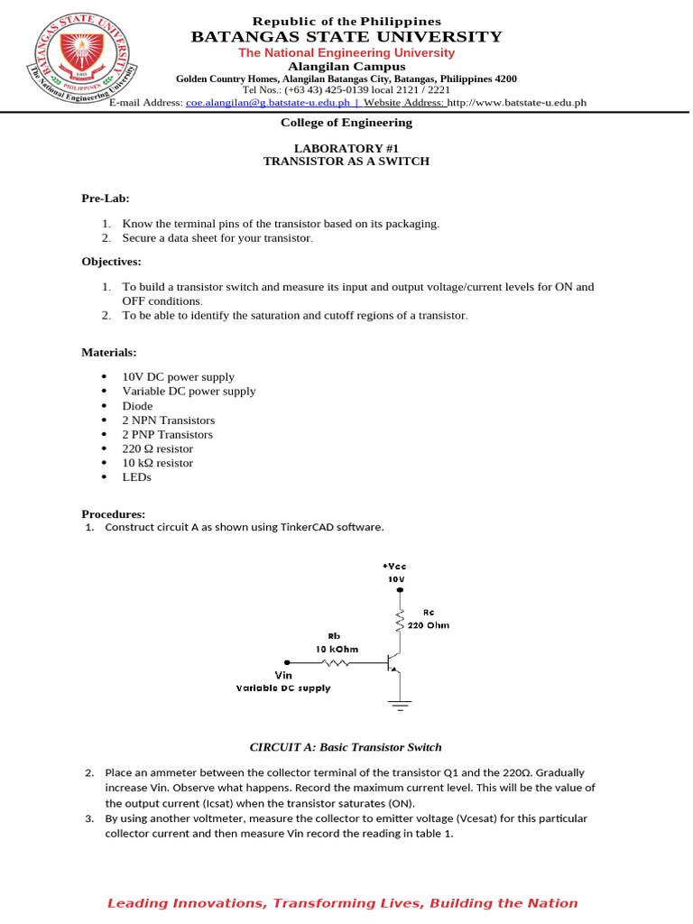 Transistor Switch Lab Guide | PDF | Transistor | Bipolar Junction ...