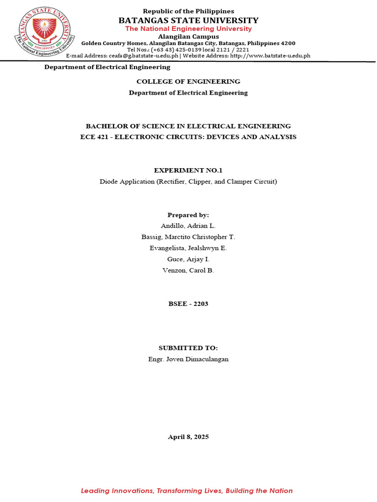 Diode Application (Rectifier, Clipper, and Clamper Circuit) - BSEE-2203 | PDF | Rectifier | Diode