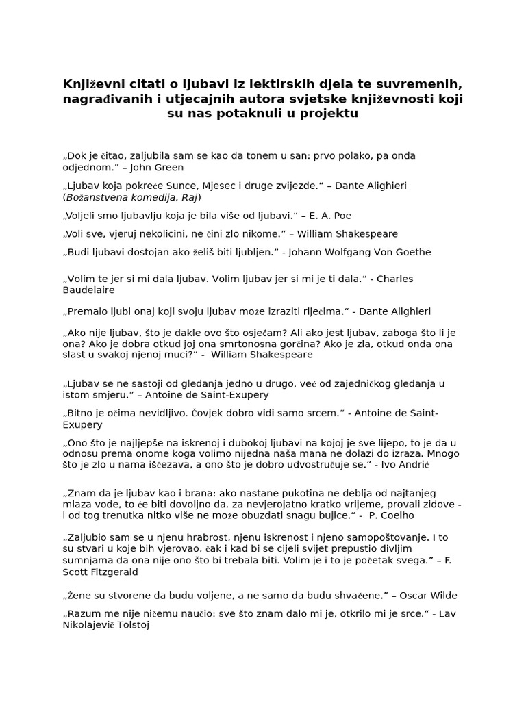 KNJIŽEVNI CITATI O LJUBAVI, Etwinning | PDF