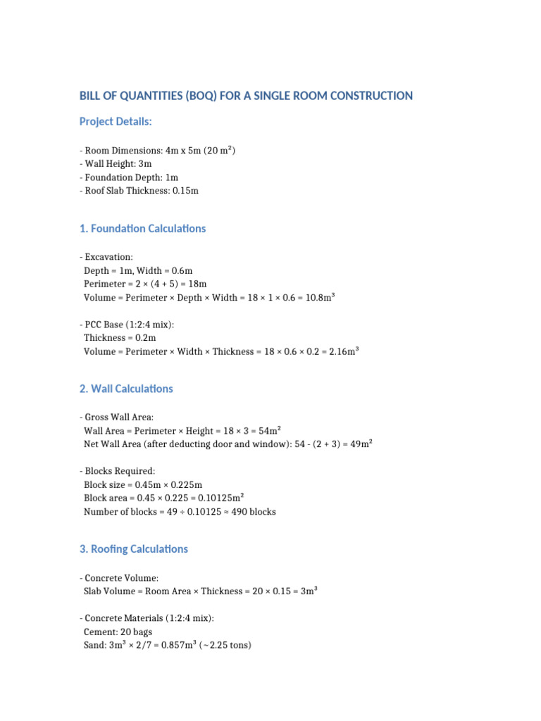 BOQ Single Room Calculations | PDF