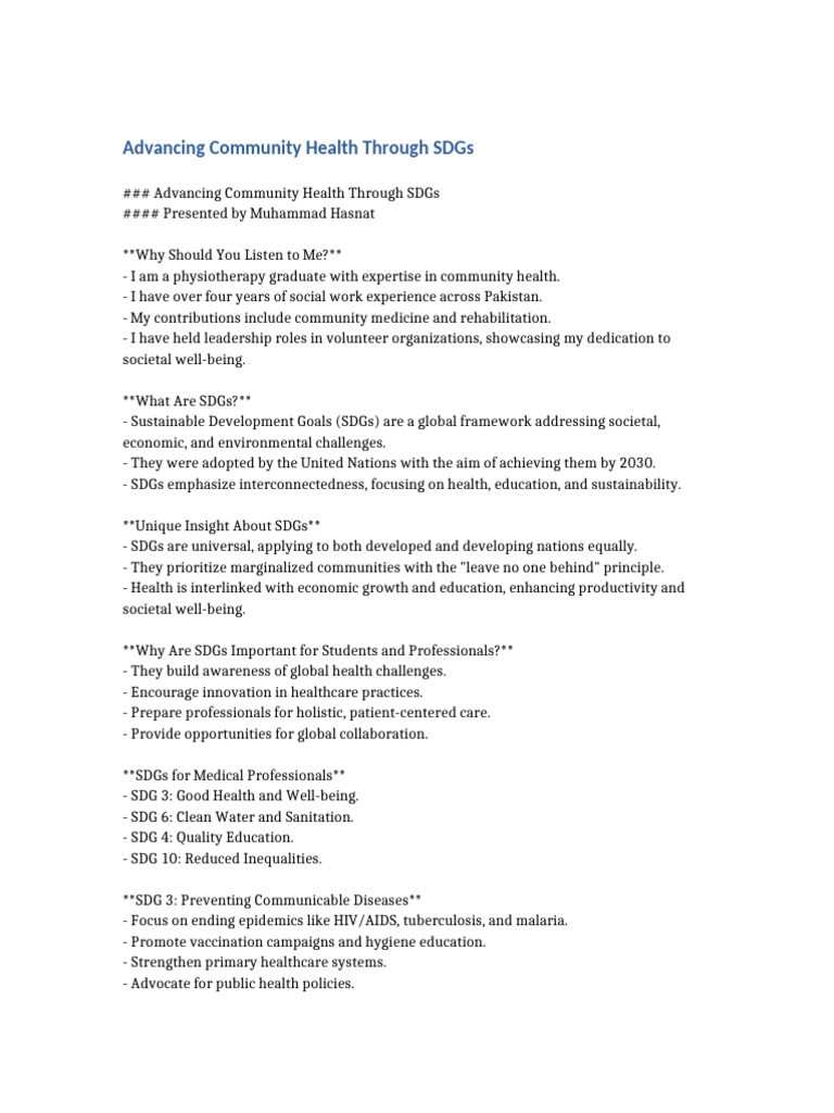 Advancing Community Health Through SDGs Script | PDF