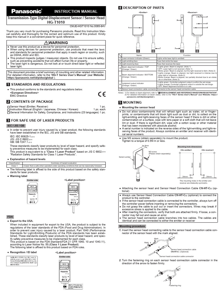 Panasonic HG-T1010 Sensor Manual | PDF | Light | Food And Drug ...