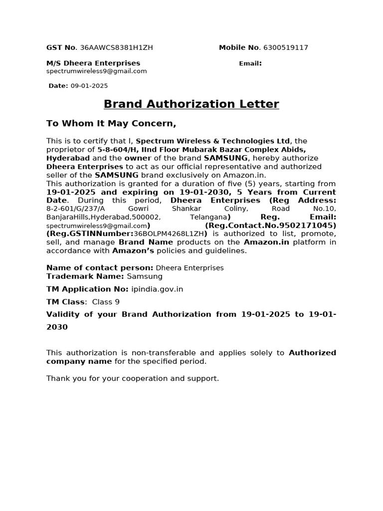 Correction Sample Brand Authorization Letter-1 - Copy (2) | PDF