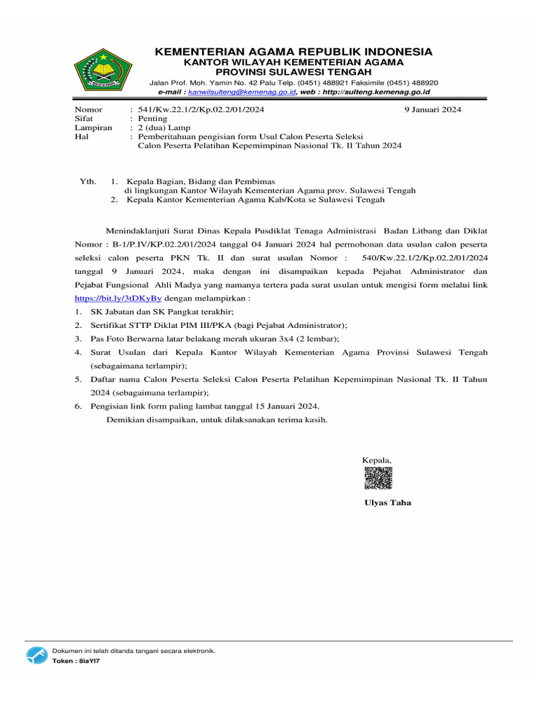 SURAT PEMBERITAHUAN PENGISIAN FORM CALON PESERTA PKN TAHUN 2024 Ok | PDF