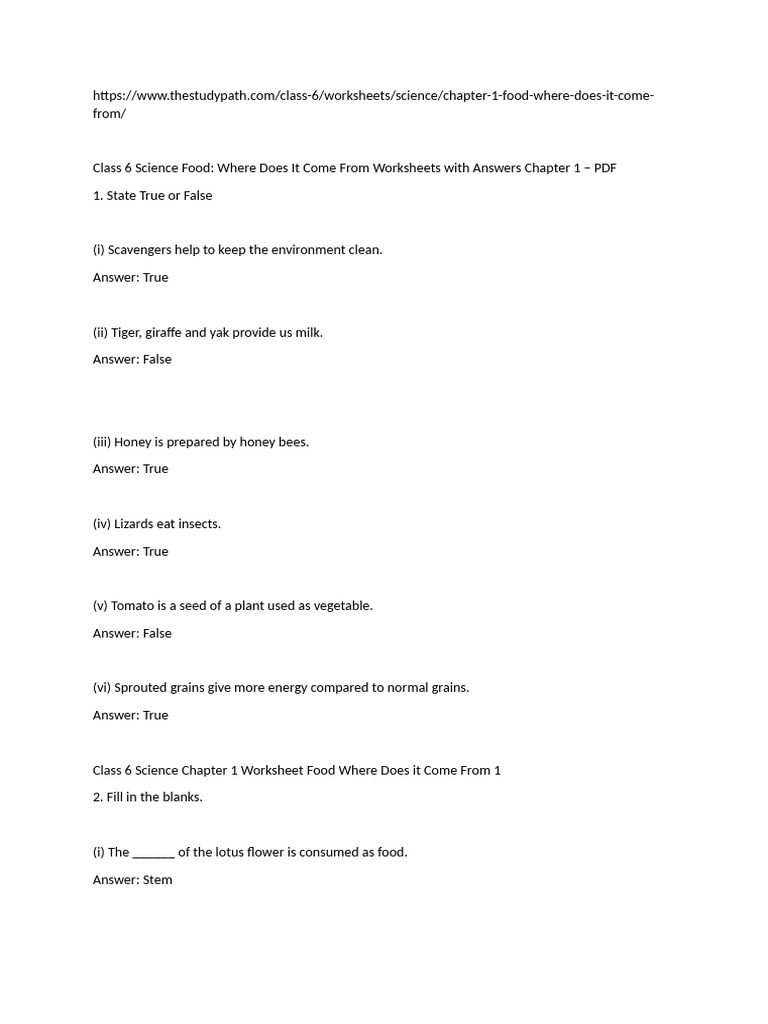 Class 6 Science: Food Sources Worksheet | PDF | Foods | Honey
