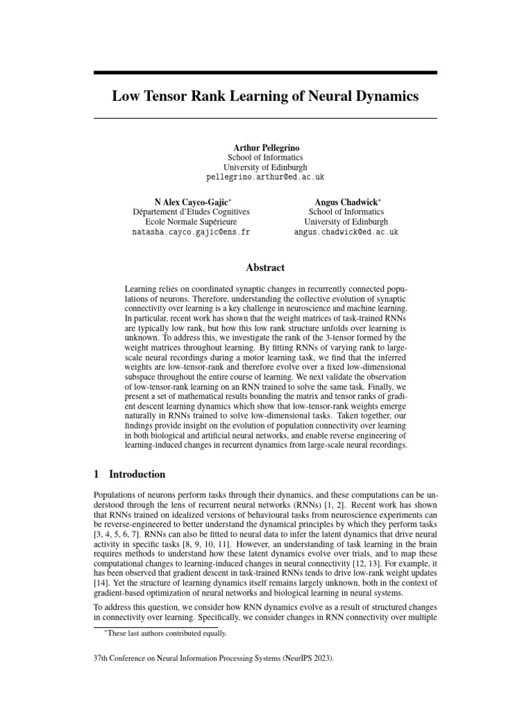 NeurIPS 2023 Low Tensor Rank Learning of Neural Dynamics Paper Conference | PDF | Eigenvalues ...