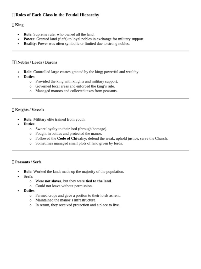? Roles of Each Class in The Feudal Hierarchy | PDF