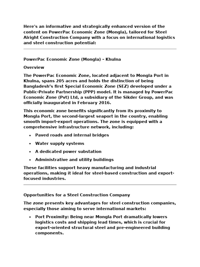 PowerPac Economic Zone (Mongla) - Khulna | PDF | Logistics | Economies