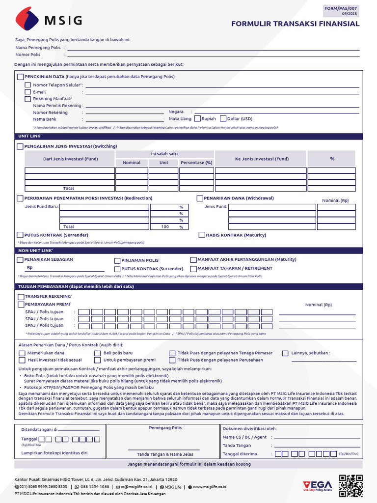 PAS007 - Form Transaksi Finansial - MSIG | PDF