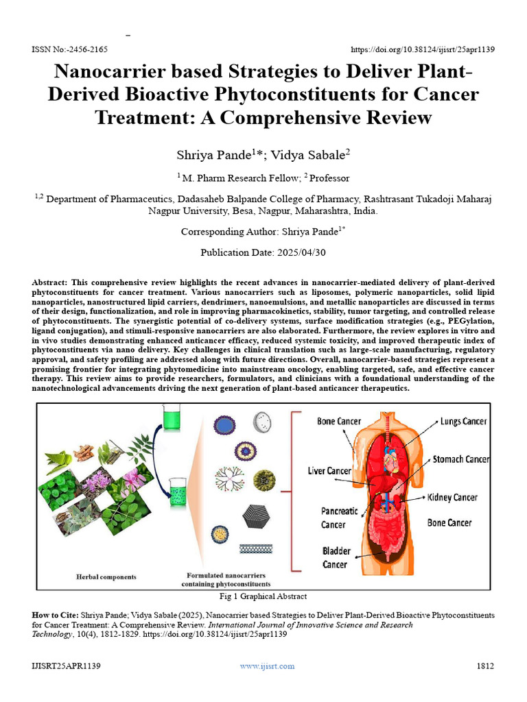 Nanocarrier Based Strategies To Deliver Plant - Derived Bioactive Phytoconstituents For Cancer ...