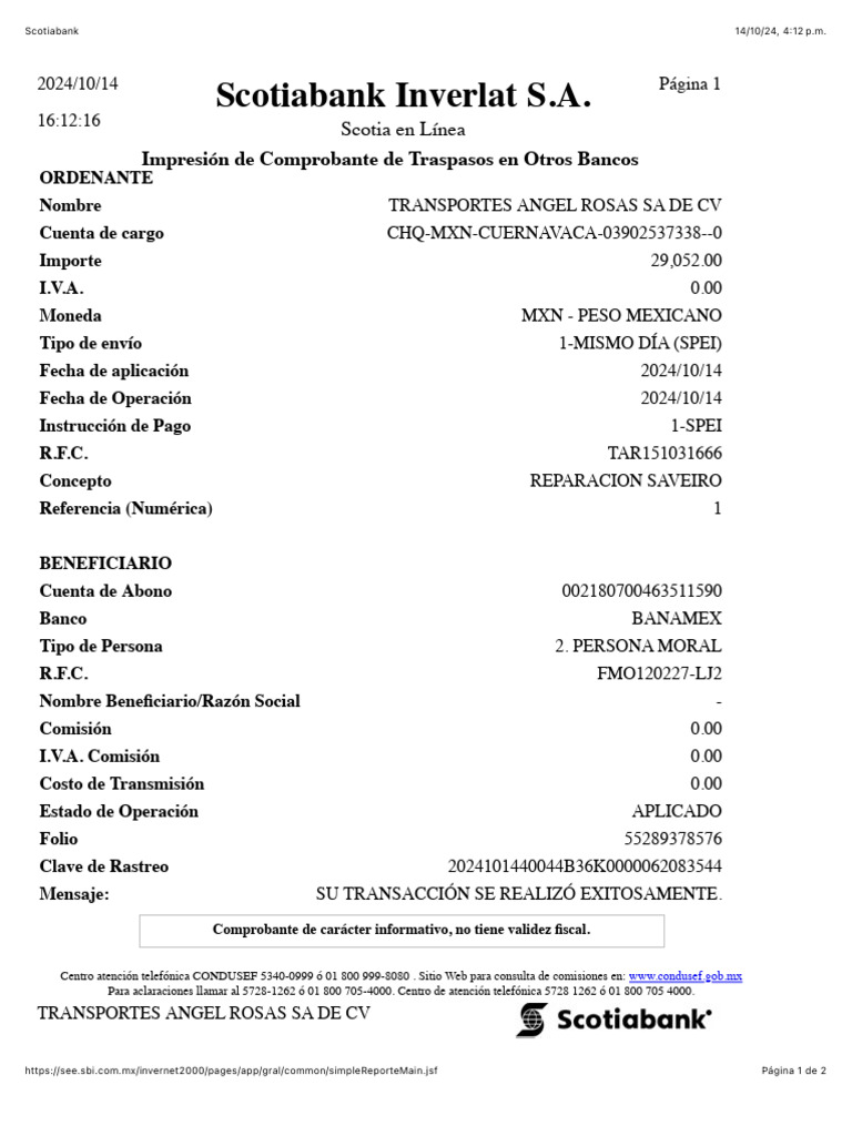 Scotiabank Inverlat S.A.: Impresión de Comprobante de Traspasos en ...