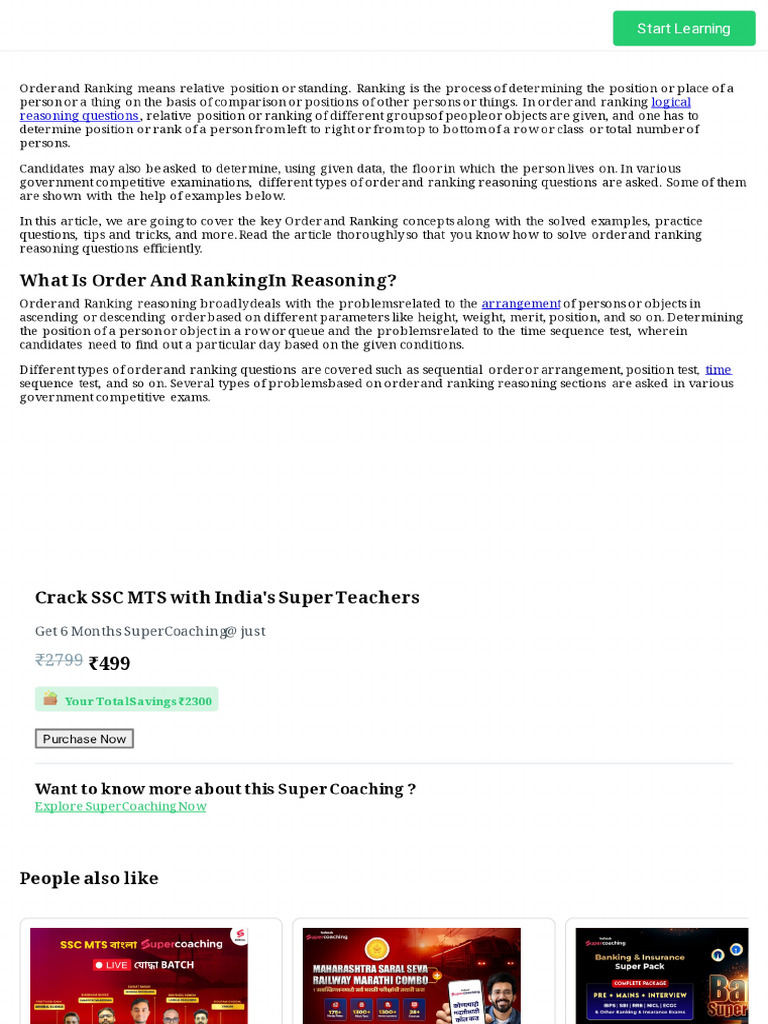 Order and Ranking Reasoning, Key Concepts, Solved Examples Here! | PDF