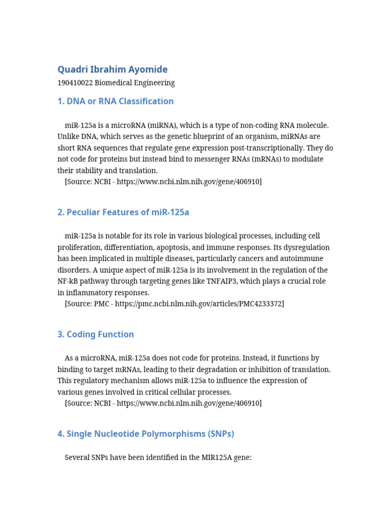 Quadri Ibrahim Ayomide Bme416 | PDF | Micro Rna | Gene Expression