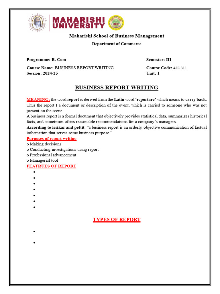 Business Report Writing Unit 1 | PDF | Citation | Apa Style